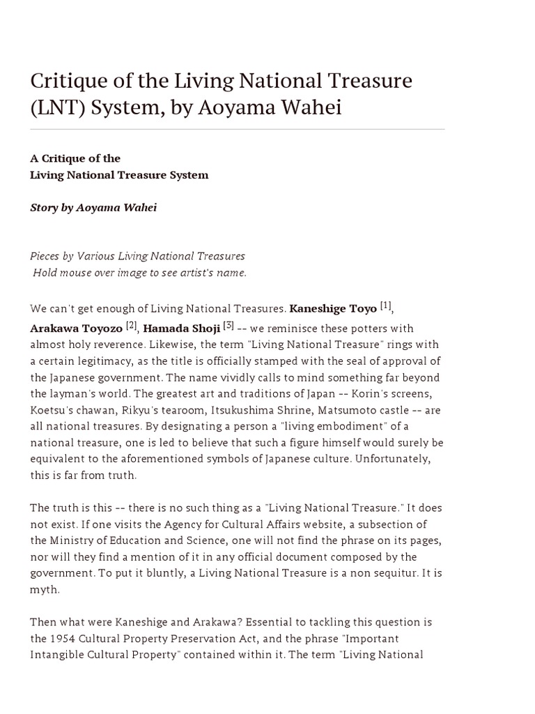 Critique of The Living National Treasure (LNT) System, by Aoyama Wahei ...