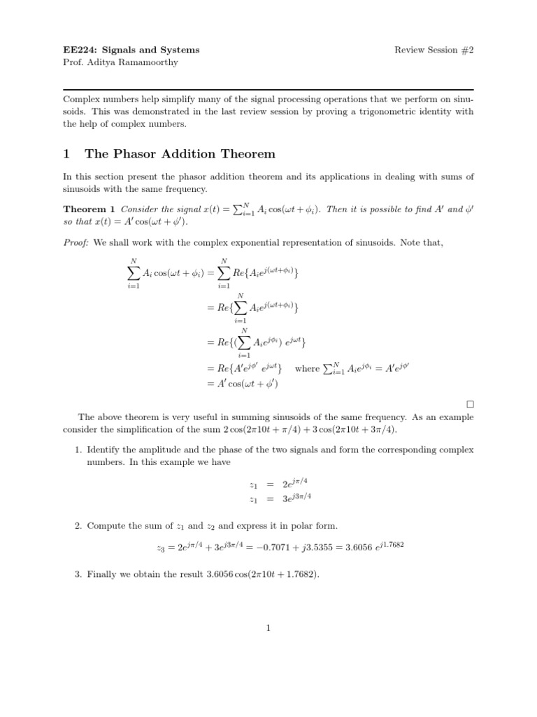 1 The Phasor Addition Theorem: N I 1 I I | PDF | Complex Number | Telecommunications Engineering