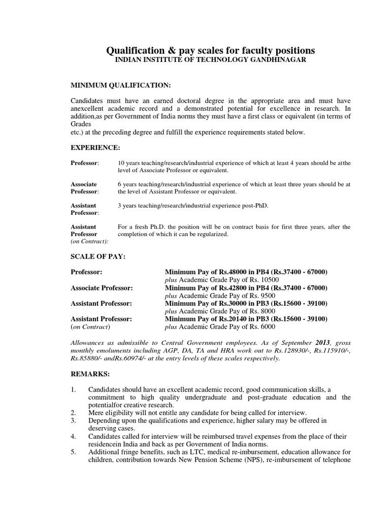 Qualification & Pay Scales For Faculty Positions: Professor | PDF ...