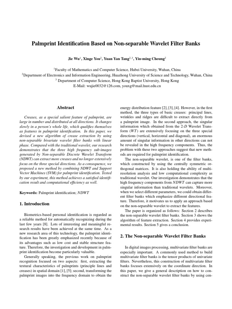 Palmprint Identification Based On Non-Separable Wavelet Filter Banks | PDF | Wavelet | Filter ...