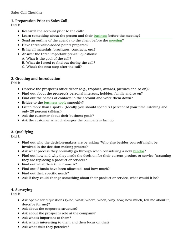 Sales Call Checklist | PDF | Sales | Business