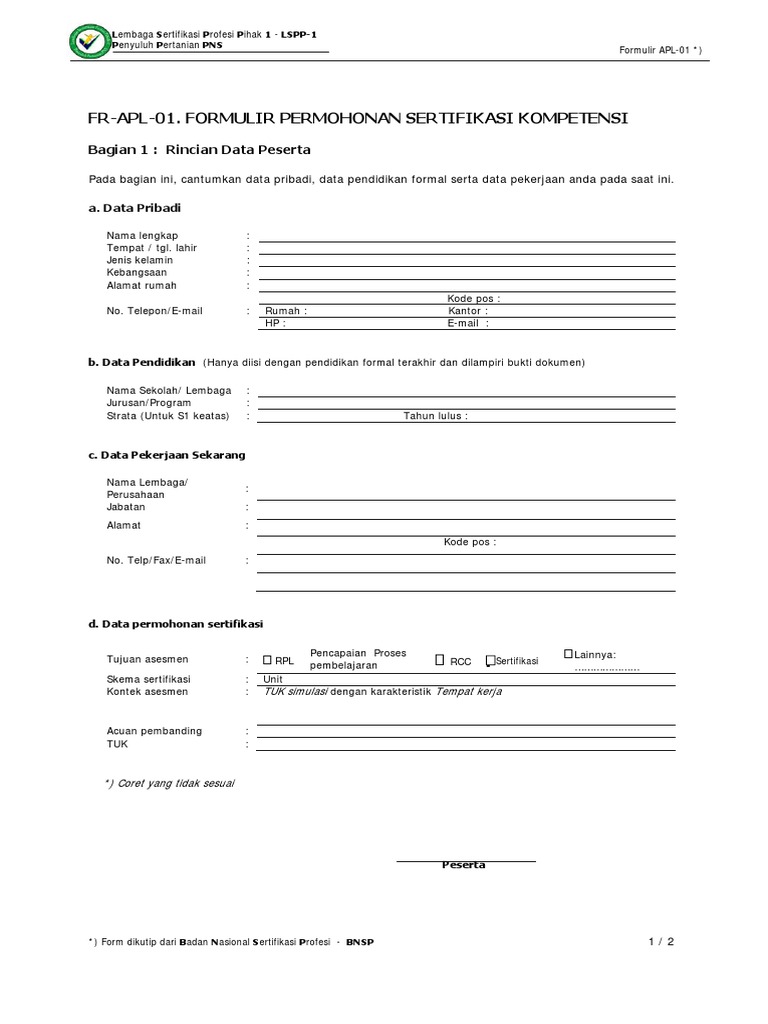 Form Apl-01 Sertifikasi Penyuluh Pertanian | PDF