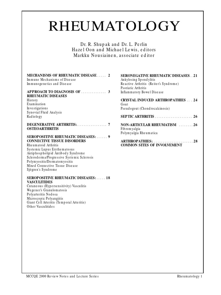 Rheumatology Summary | Rheumatology | Musculoskeletal Disorders