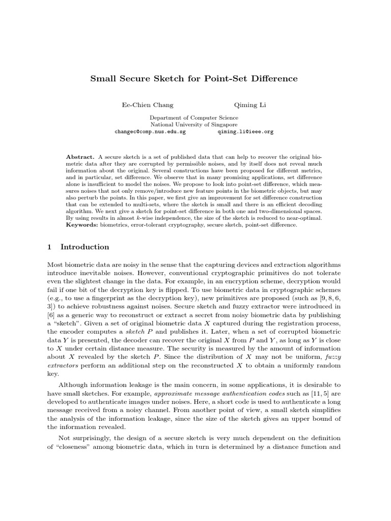 Small Secure Sketch For Point-Set Difference | PDF | Equations ...