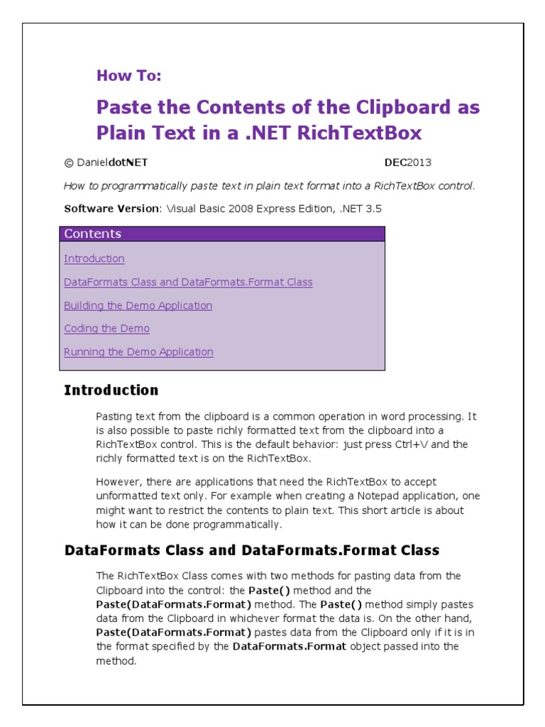 How To Paste Plain Text Only In Richtextbox Control Visual Basic