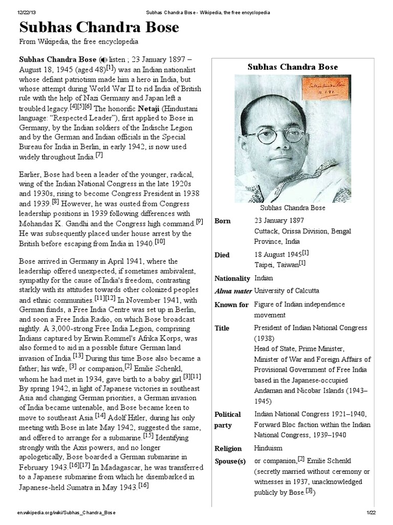 Subhas Chandra Bose - Wikipedia, The Free Encyclopedia | PDF | Indian ...