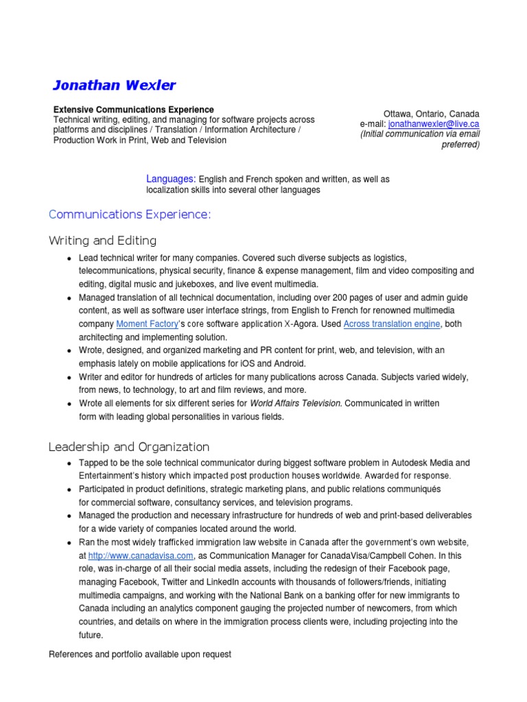 Resume JonathanWexler Ottawa | PDF | Websites | Multimedia