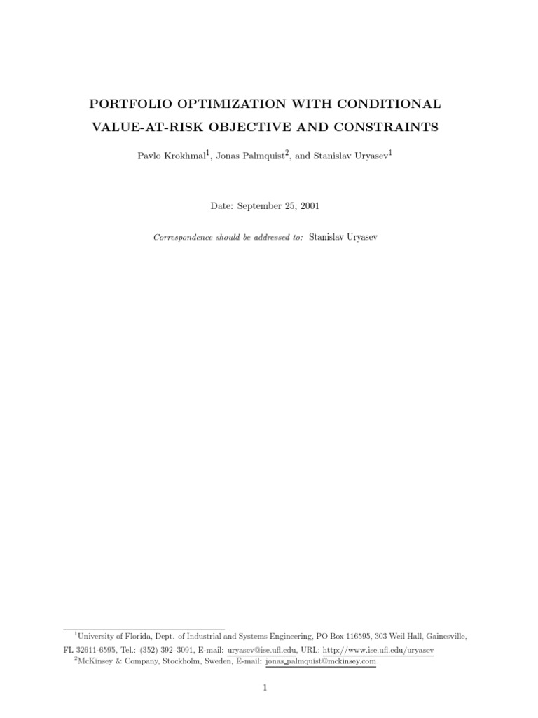Portfolio Optimization Cvar Pdf Value At Risk Mathematical Optimization
