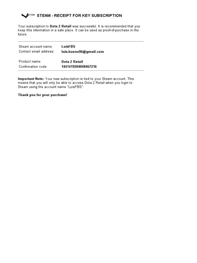 Steam - Receipt For Key Subscription | PDF | Cyberspace | Computing