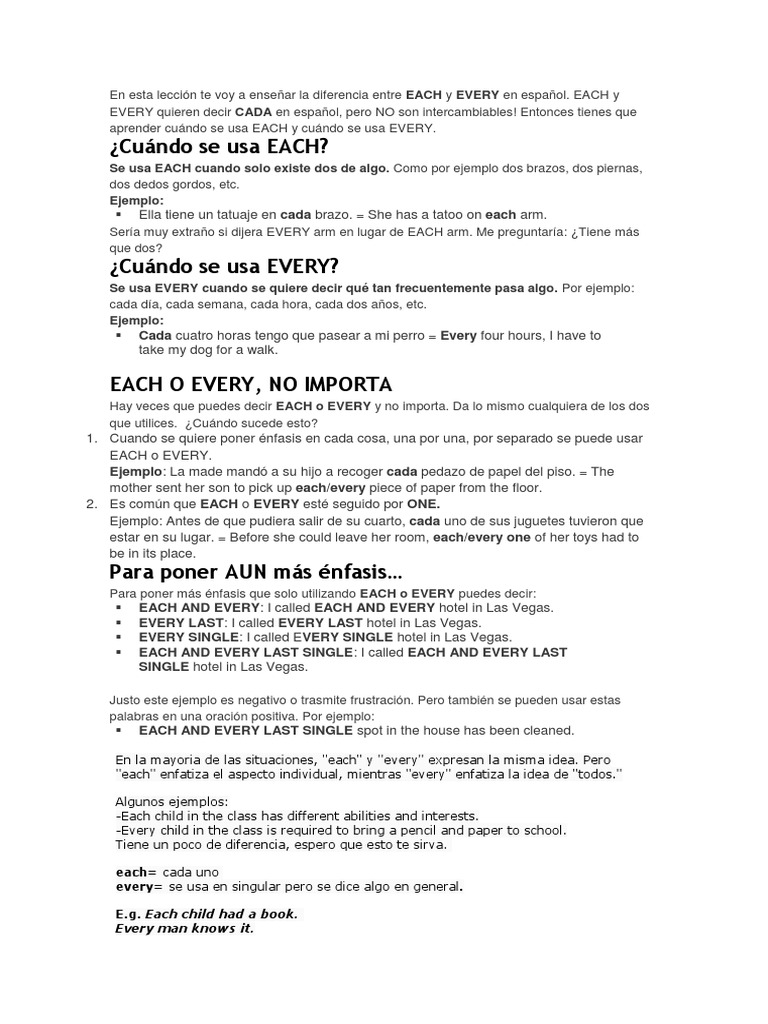 Diferencias entre "Each" y "Every" | PDF | Asunto (gramática) | Verbo