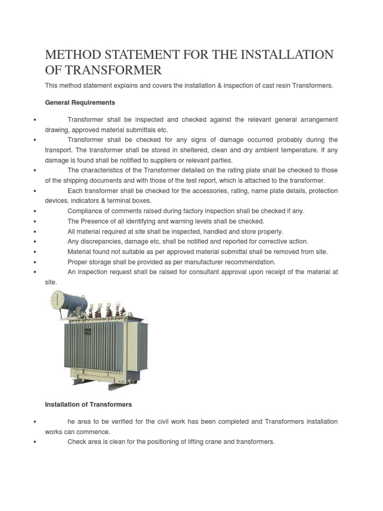 Method Statement for the Installation of Transformer | Transformer ...