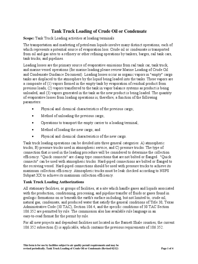 Tank Truck Loading of Crude Oil or Condensate | PDF | Natural Gas ...