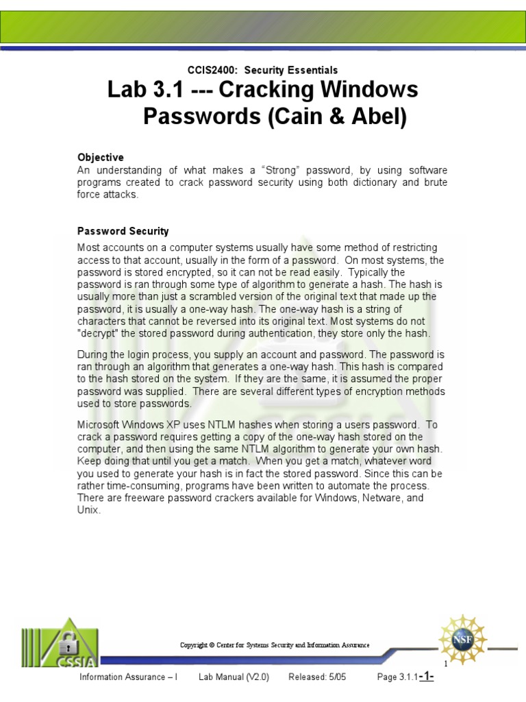 Lab 3.1 - Cracking Windows Passwords (Cain & Abel) : CCIS2400: Security Essentials | PDF ...