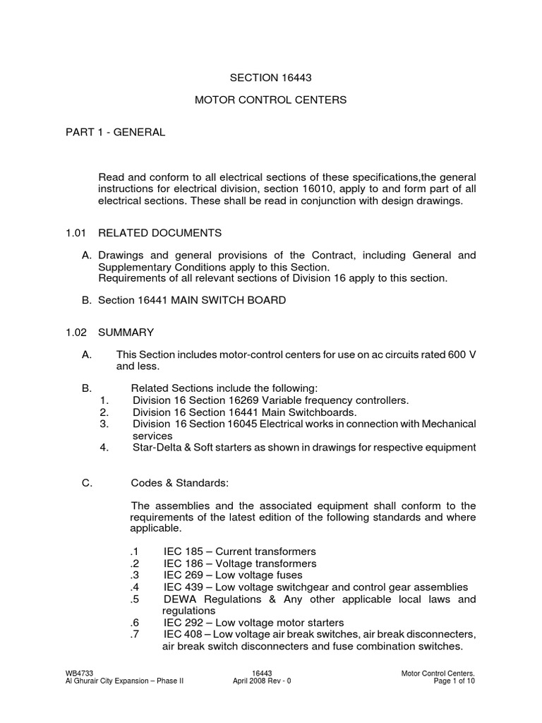 Motor Control Centers Specifications | PDF | Transformer | Electrical ...