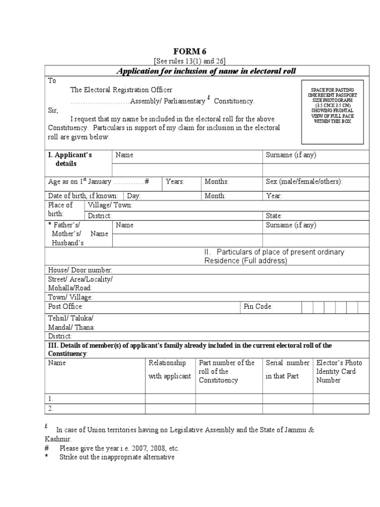 Application For Inclusion of Name in Electoral Roll: Form 6 | PDF ...