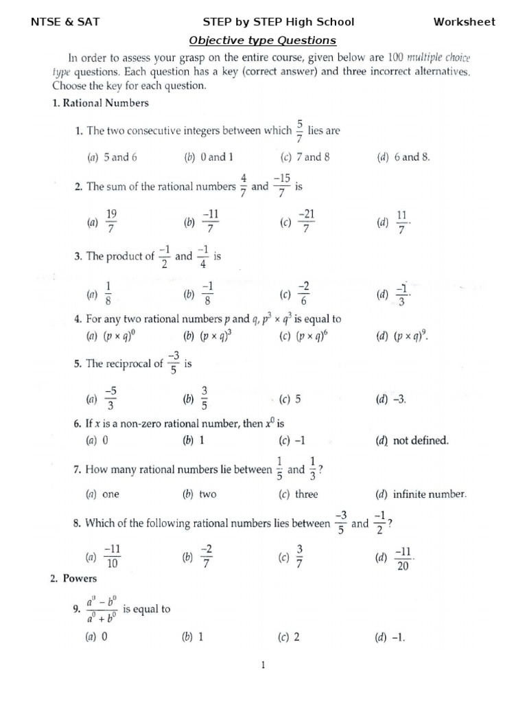 NTSE & SAT Objective Questions Worksheet | PDF
