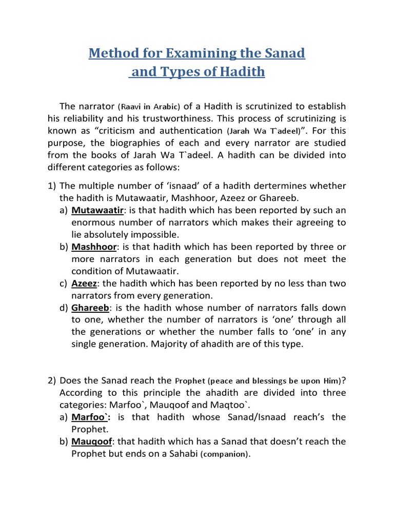 Types and Classification of Hadith | PDF | Hadith | Islamic Jurisprudence