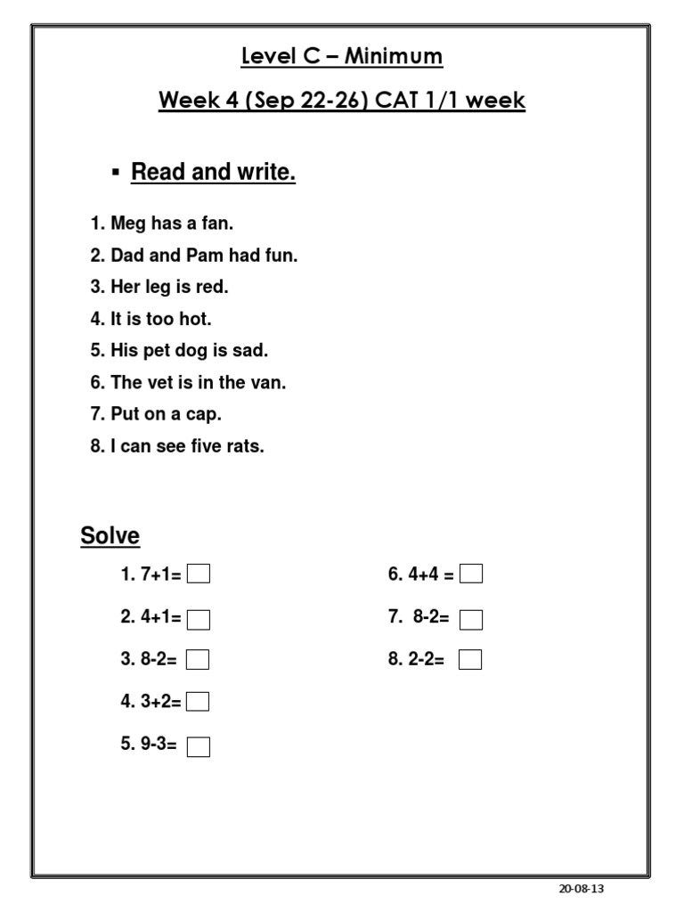 Read and Write.: Level C - Minimum Week 4 (Sep 22-26) CAT 1/1 Week | PDF