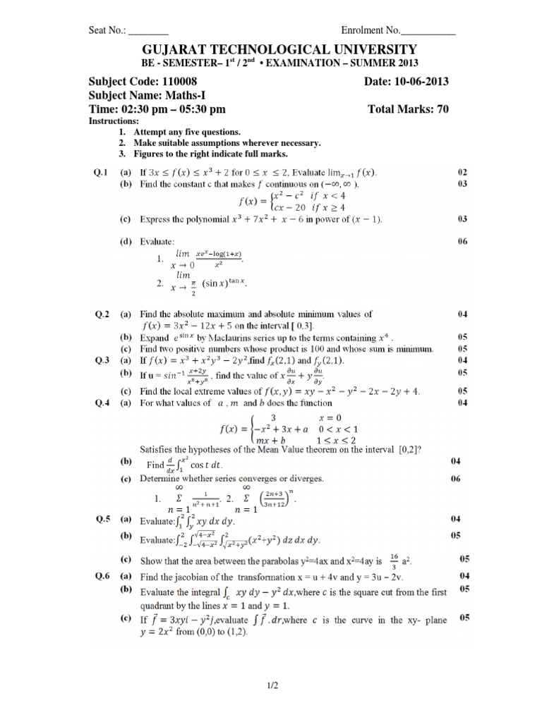Gujarat Tech University Maths-I Exam 2013 | PDF