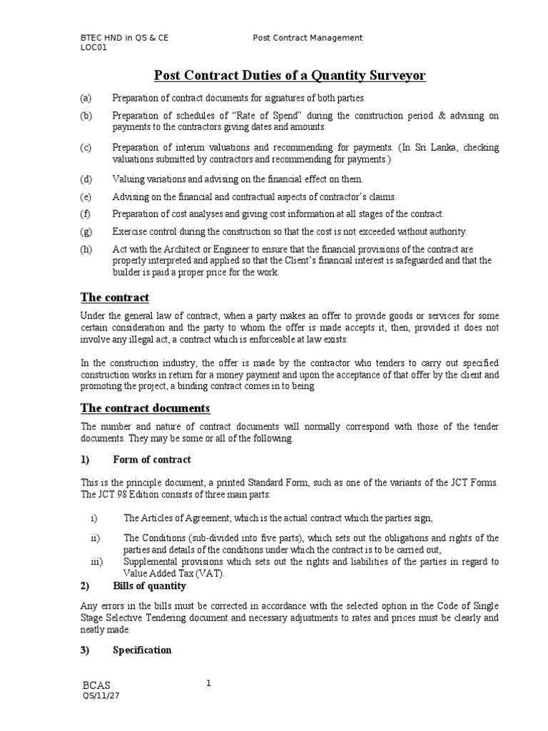 post contract | Specification (Technical Standard) | Architect