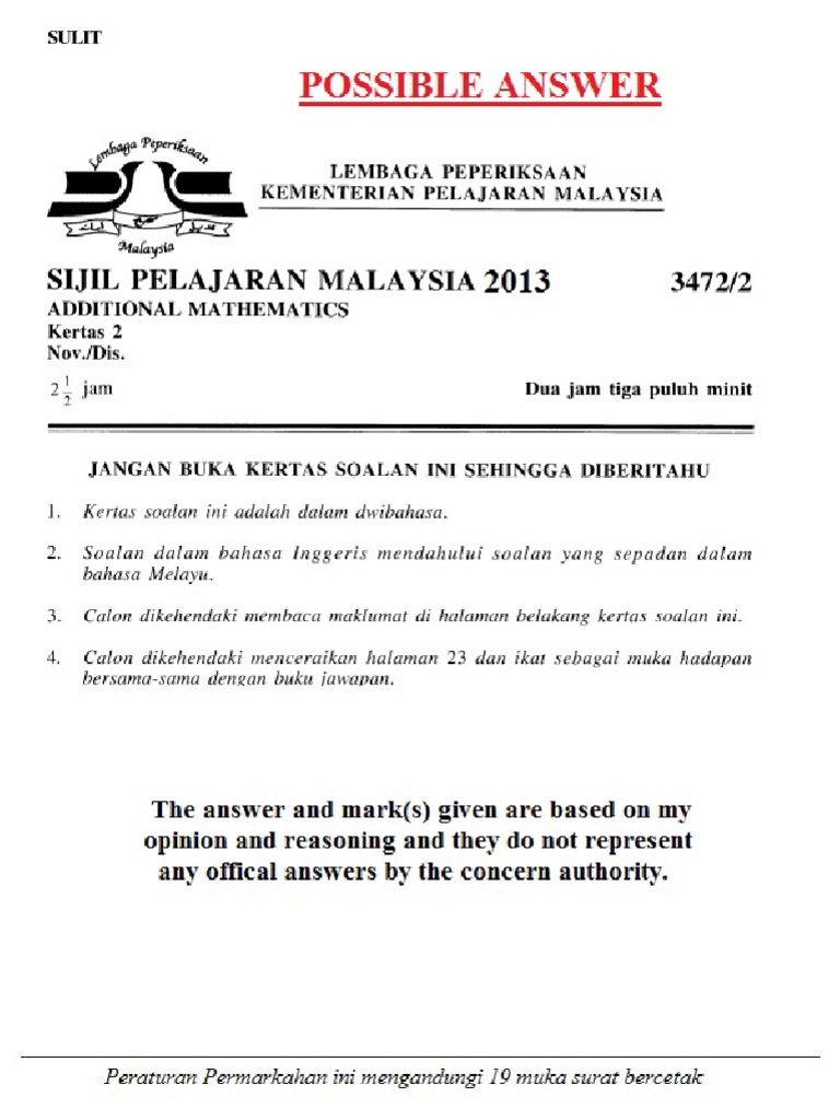 Add Maths Paper 2 Marking Scheme SPM 2013 | PDF
