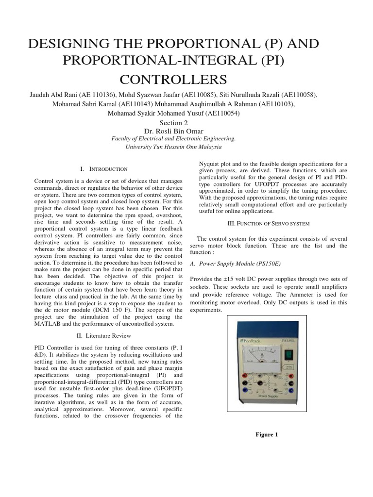 DESIGNING THE PROPORTIONAL (P) AND PROPORTIONAL-INTEGRAL (PI) CONTROLLERS Control System | PDF ...
