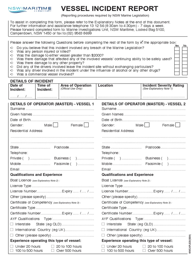 Vessel Incident Report Form | PDF | Sea Captain | Marine Propulsion