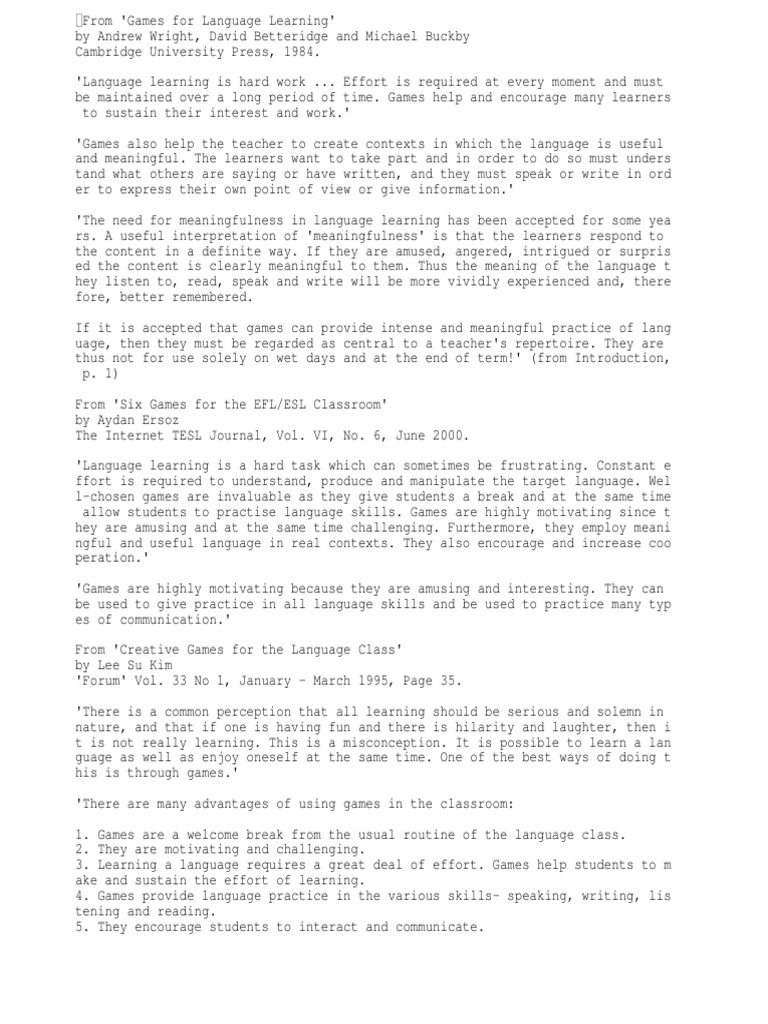 Games For Language Learning | Download Free PDF | English As A Second ...