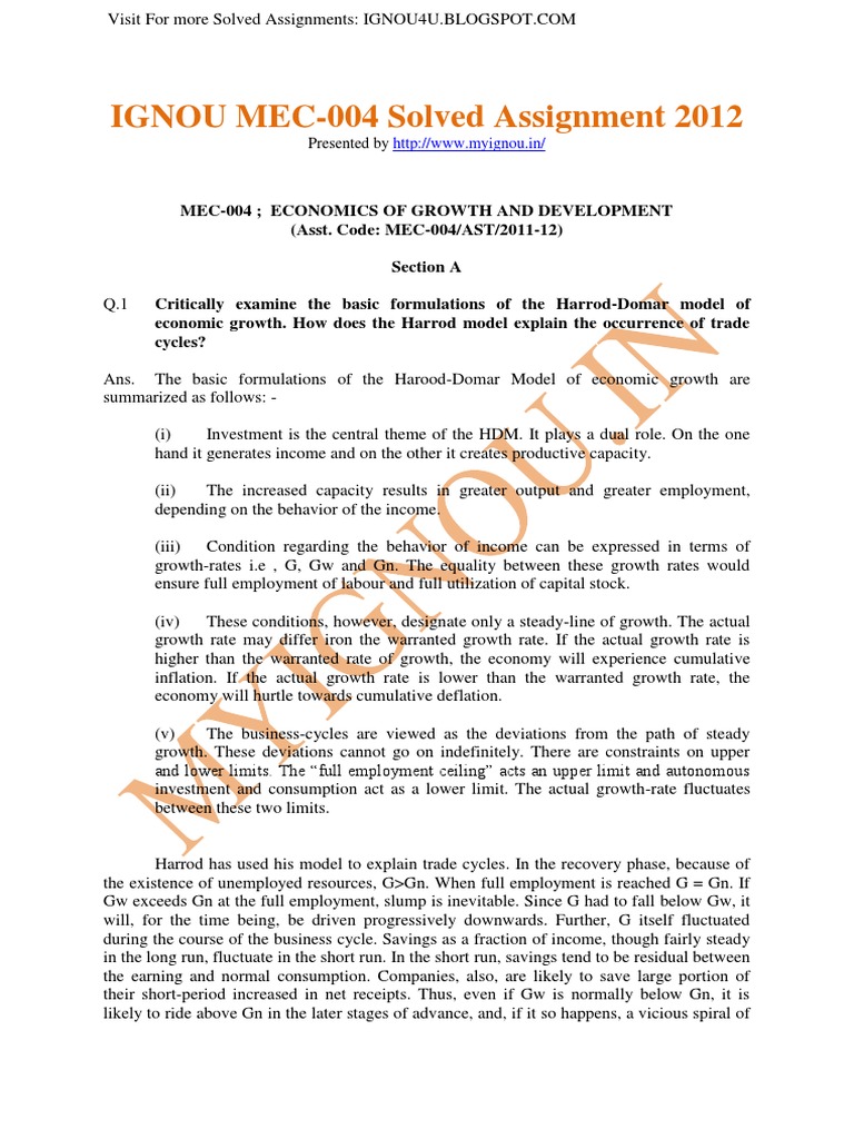 IGNOU MEC-004 Free Solved Assignment 2012 | PDF | Economic Growth | Labour Economics