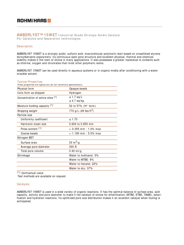Amberlyst 15wet | PDF | Catalysis | Hydrogen