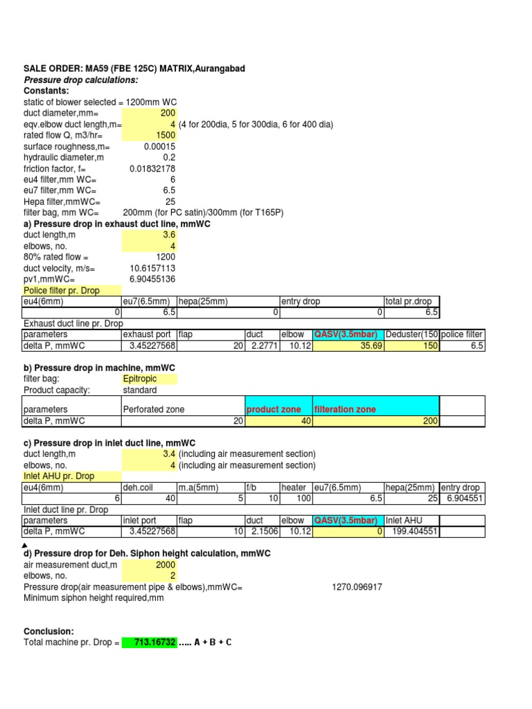 Pressure Drop Calculations MA59 | Duct (Flow) | Pressure