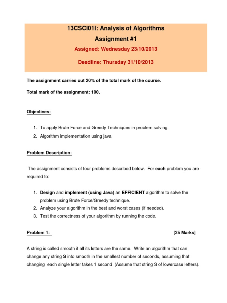 13csci01i Analysis Of Algorithms Assignment 1 Assigned Wednesday 23 1411