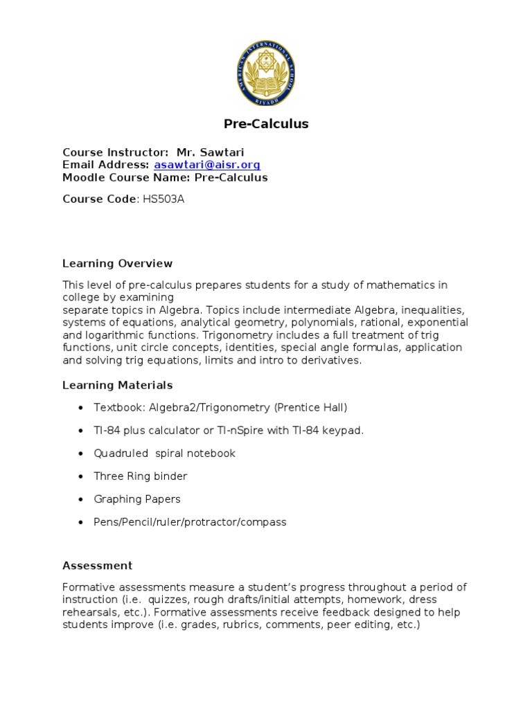 Pre Calculus Syllabus | PDF