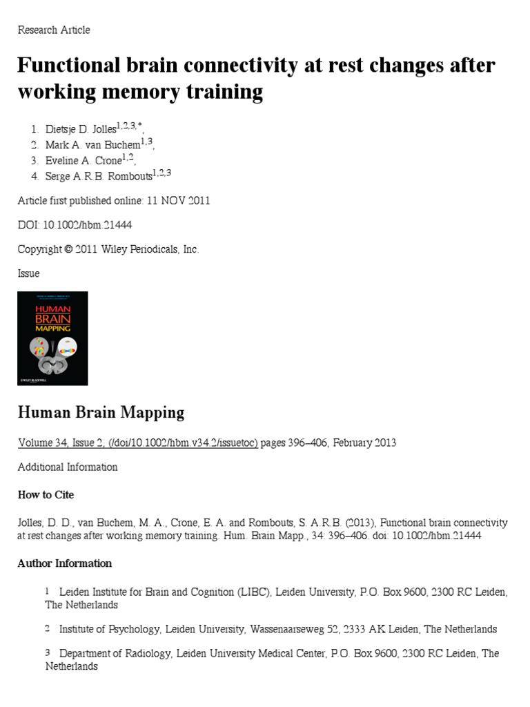 Functional Brain Connectivity at Rest Changes After Working Memory Training - Jolles - 2011 ...