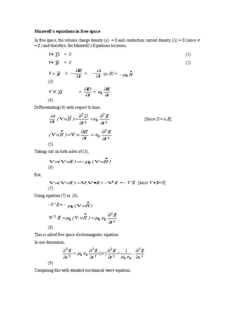 Maxwell's Equations in Free Space: T E T D) H (E T H) H ( | PDF | Waves ...