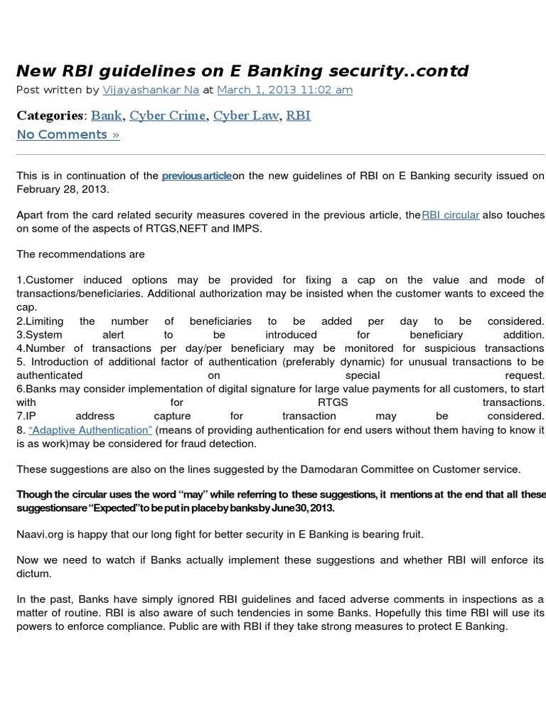 RBI E-Banking Security Guidelines | PDF | Authentication | Reserve Bank ...