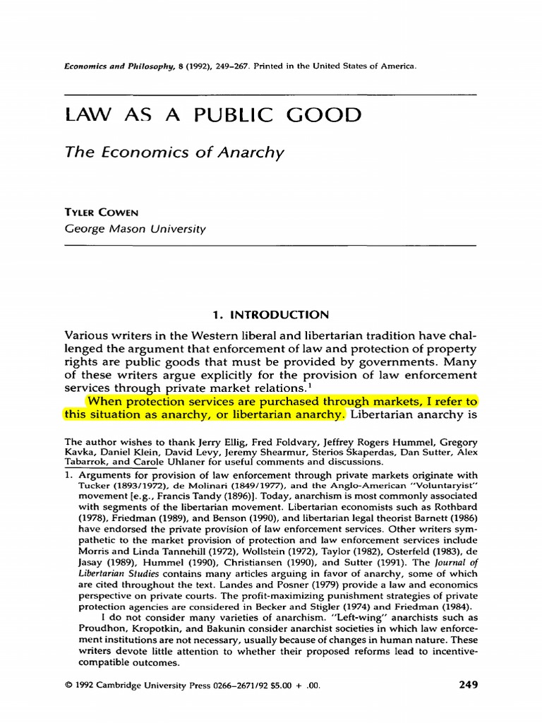 Law As A Public Good: The Economics Anarchy | PDF | Libertarianism ...