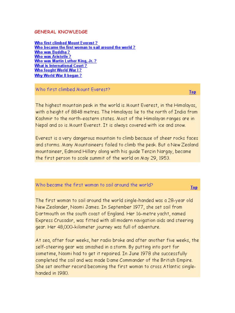 General Knowledge: Who First Climbed Mount Everest? | PDF | Mount Everest | Mountaineering