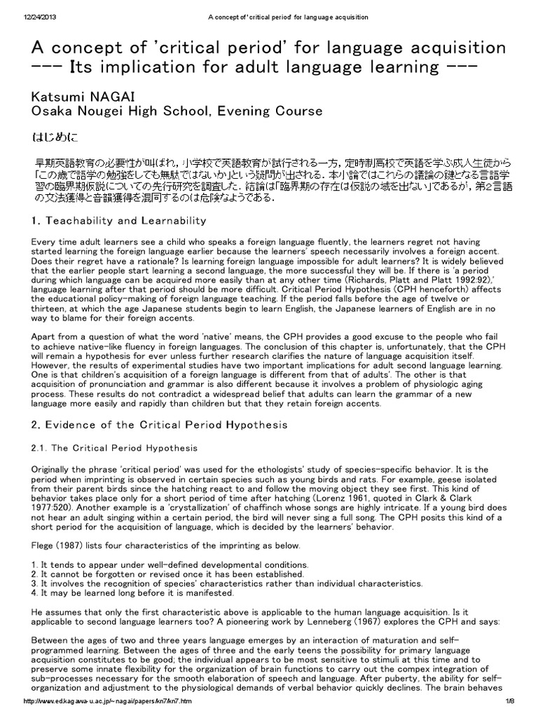 Critical period for language acquisition | PDF | Lateralization Of ...