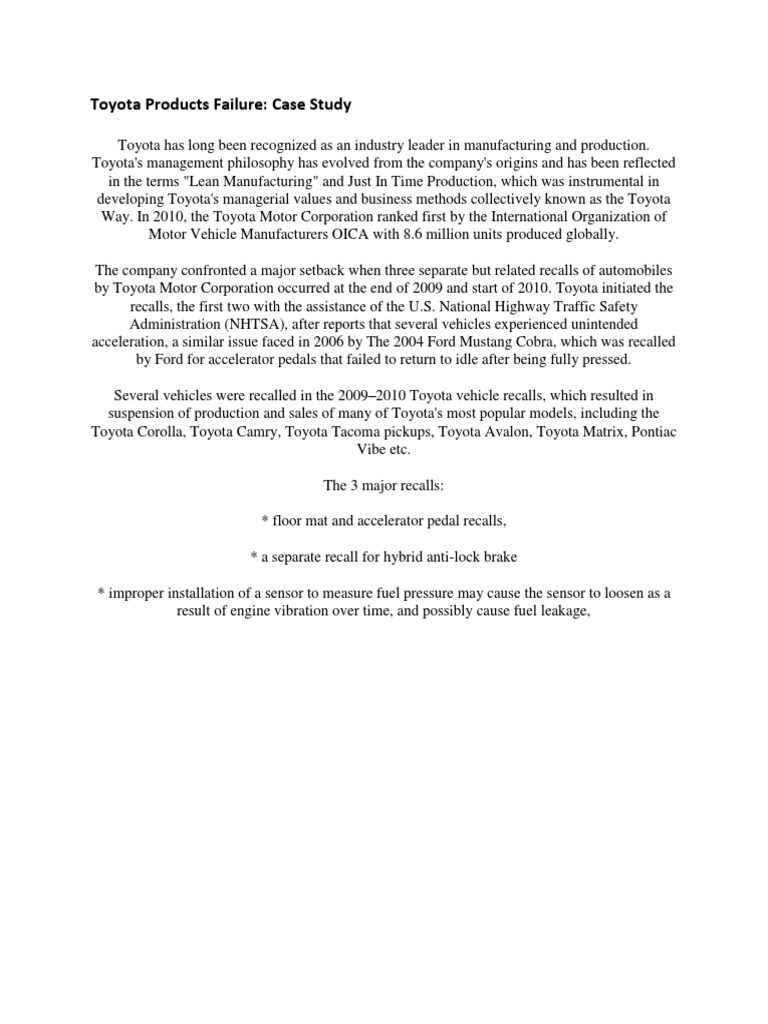 Toyota Products Failure Case Study | PDF | Toyota | Transport Economics