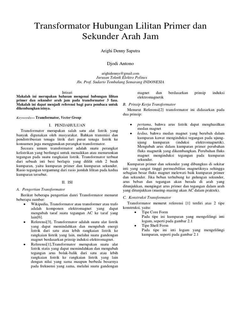 Makalah Transformator Hubungan Lilitan Primer Dan Sekunder Arah Jam ...