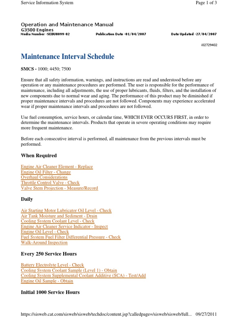 CAT G3500 Gas Engine Maintenance Schedule | PDF | Engines | Motor Oil