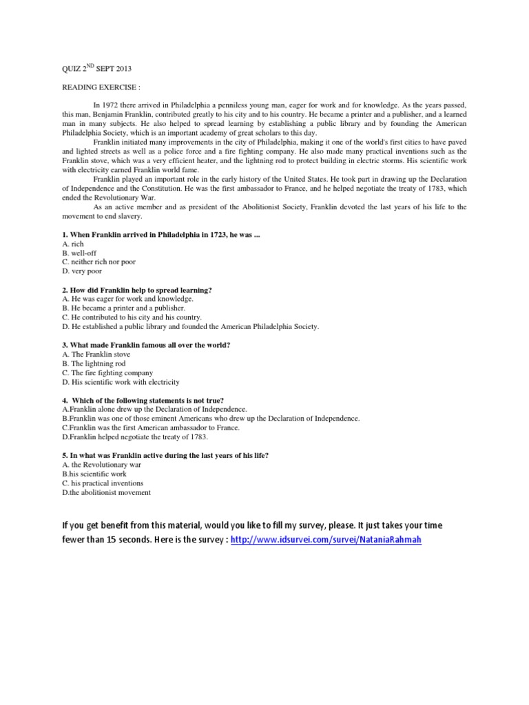 Quiz Reading Exercise Part 2 | PDF | Philadelphia | Benjamin Franklin