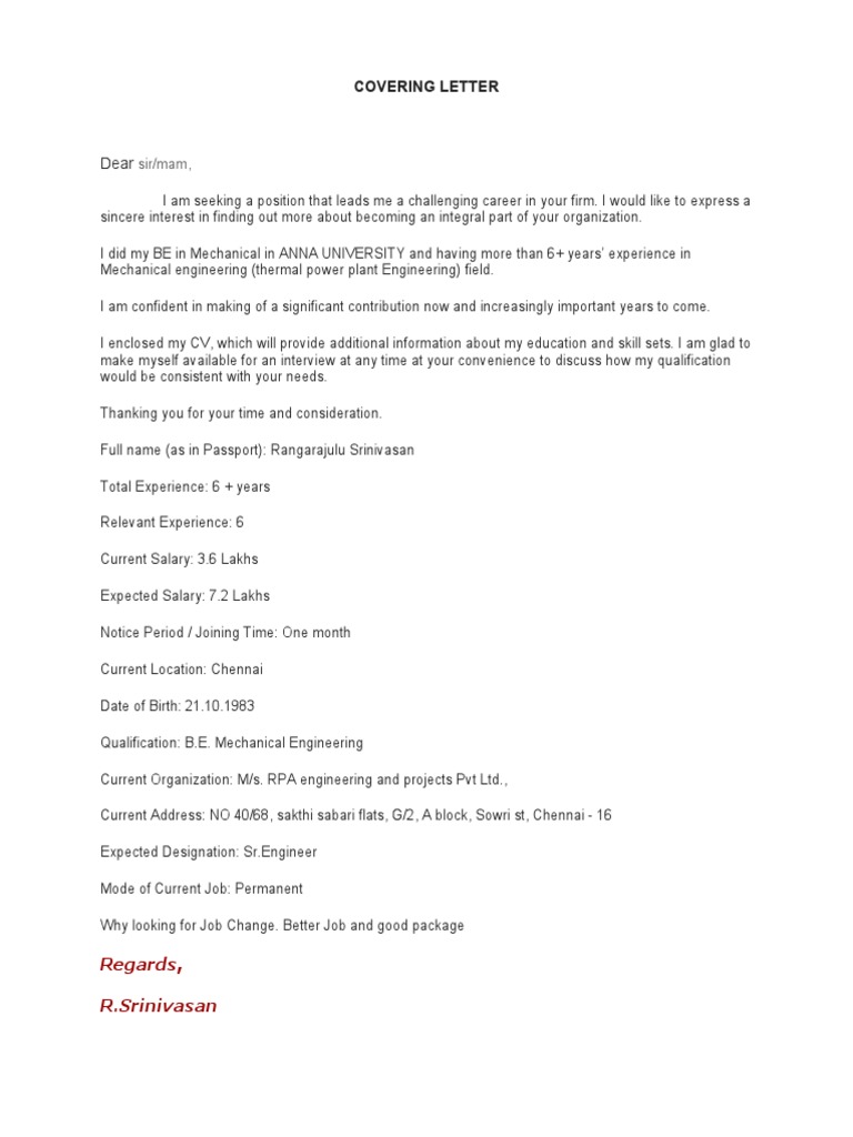 Sir/mam,: Covering Letter | PDF