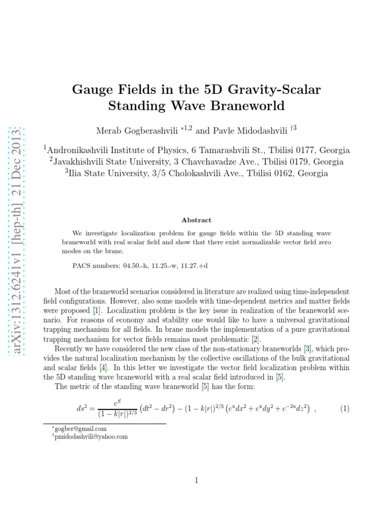 Gauge Fields in The 5D Gravity-Scalar Standing Wave Braneworld | PDF ...