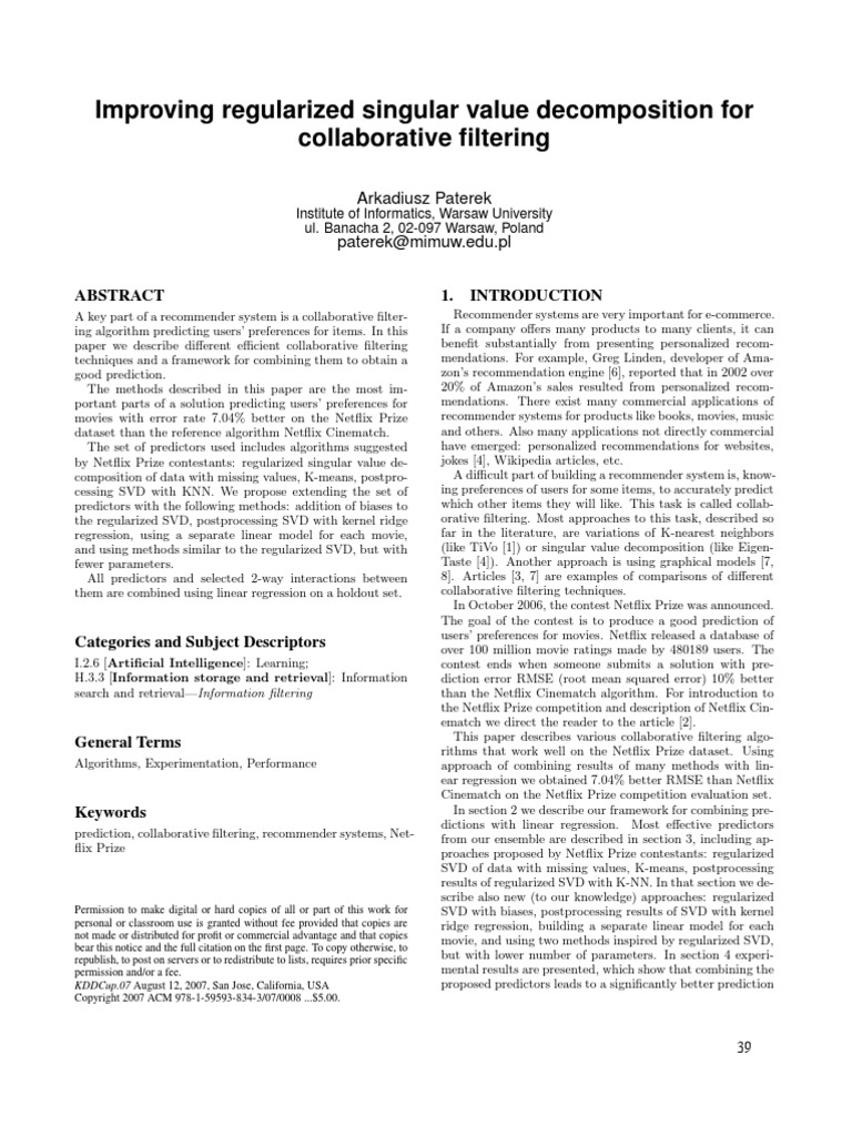 Improving Regularized Singular Value Decomposition For Collaborative