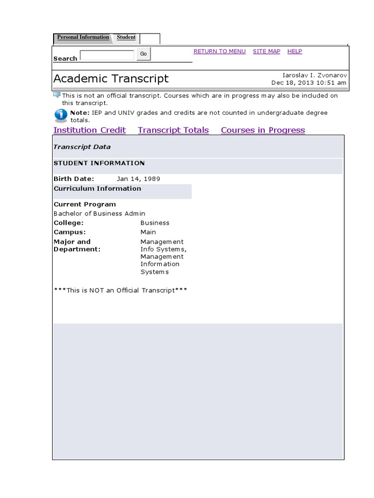 Academic Transcript: Institution Credit Transcript Totals Courses in ...