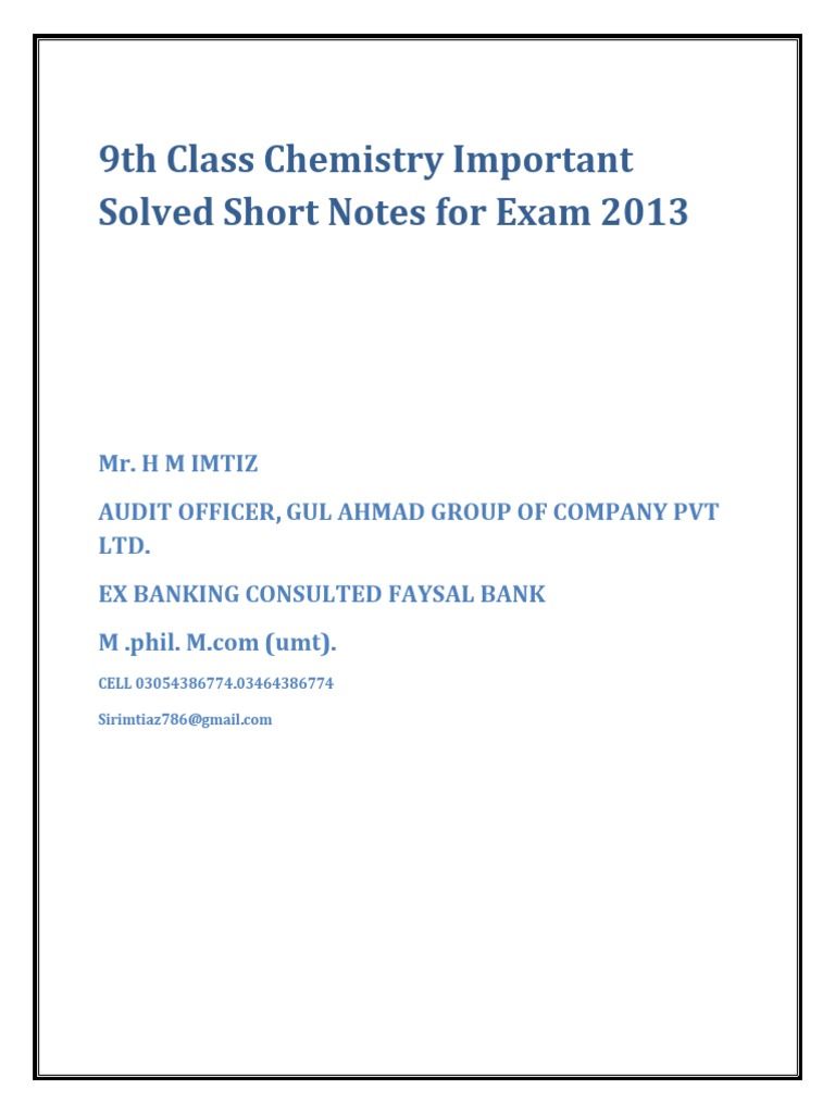 9th Class Chemistry Important Solved Short Notes For Exam 2013 | PDF ...