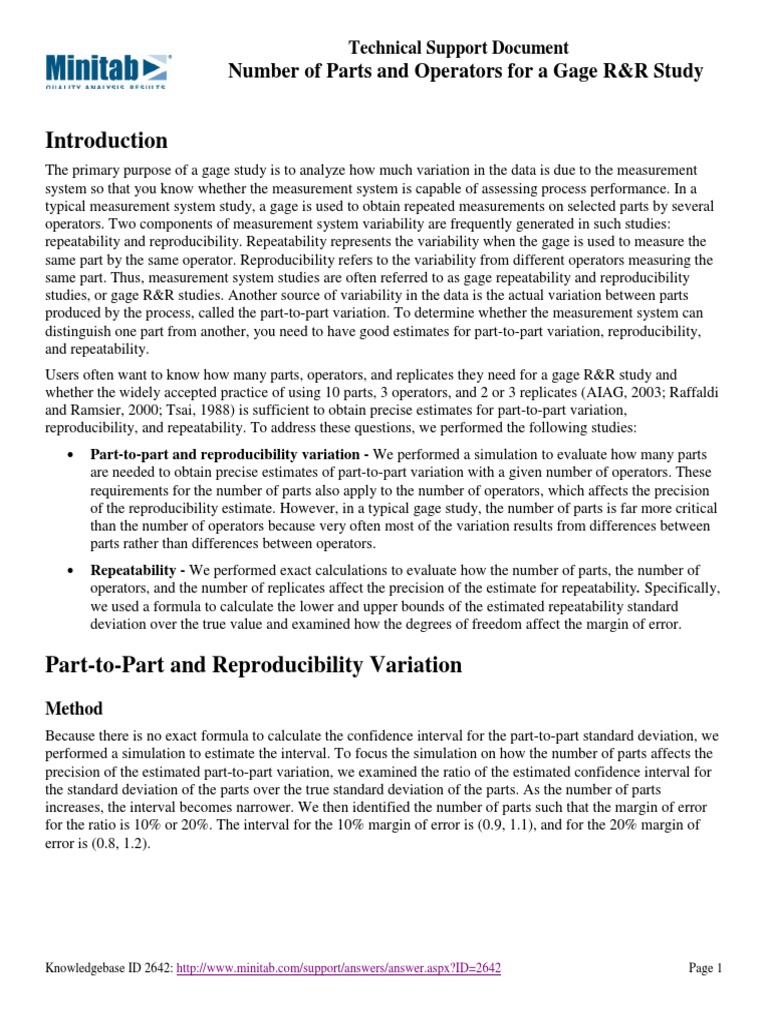 Number of Parts and Operators For A Gage R&R Study - Minitab | PDF ...