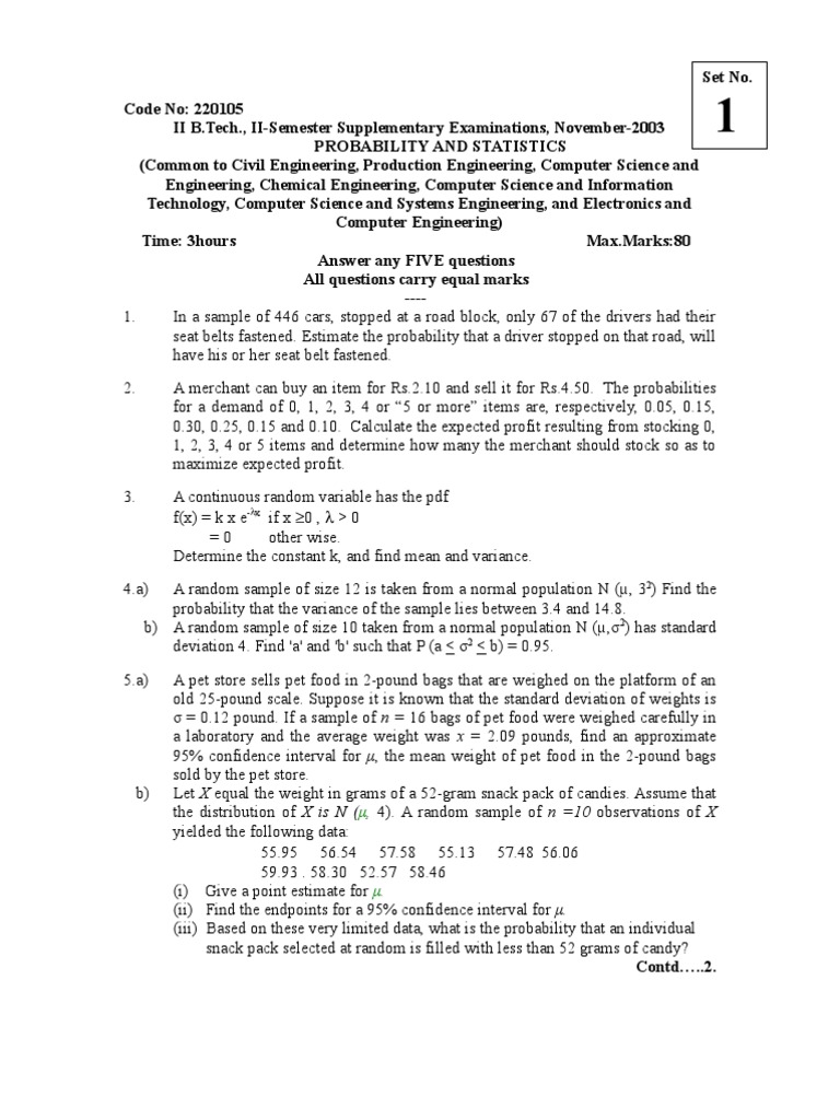 NR-220105 - Probability and Statistics | Download Free PDF | Confidence Interval | Normal ...